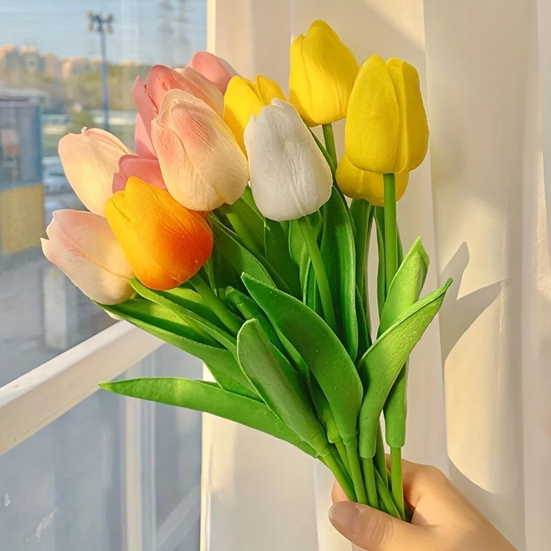 Artificial-Tulips-Flowers-Real-Touch-White-Tulip-Fake-Bouquet-PU-Flower ...