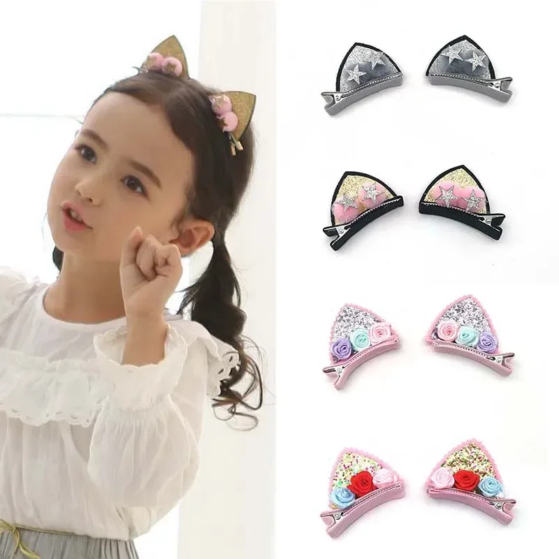 2Pcs-Cute-Cat-Ear-Hair-Clips-For-Girls-Glitter-Rainbow-Felt-Fabric ...