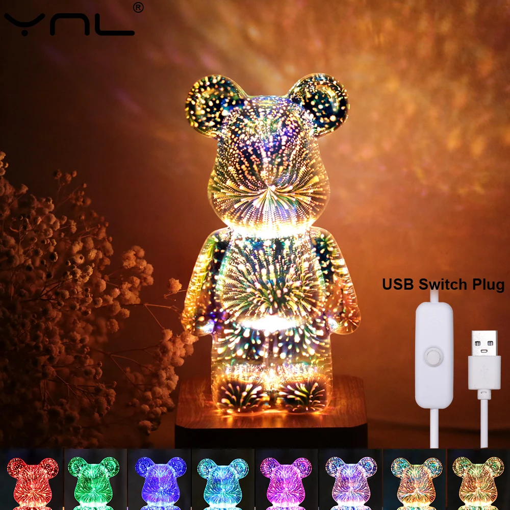 3D Fireworks Bear Night Light LED Dimmable Glass Projector Colorful USB ...
