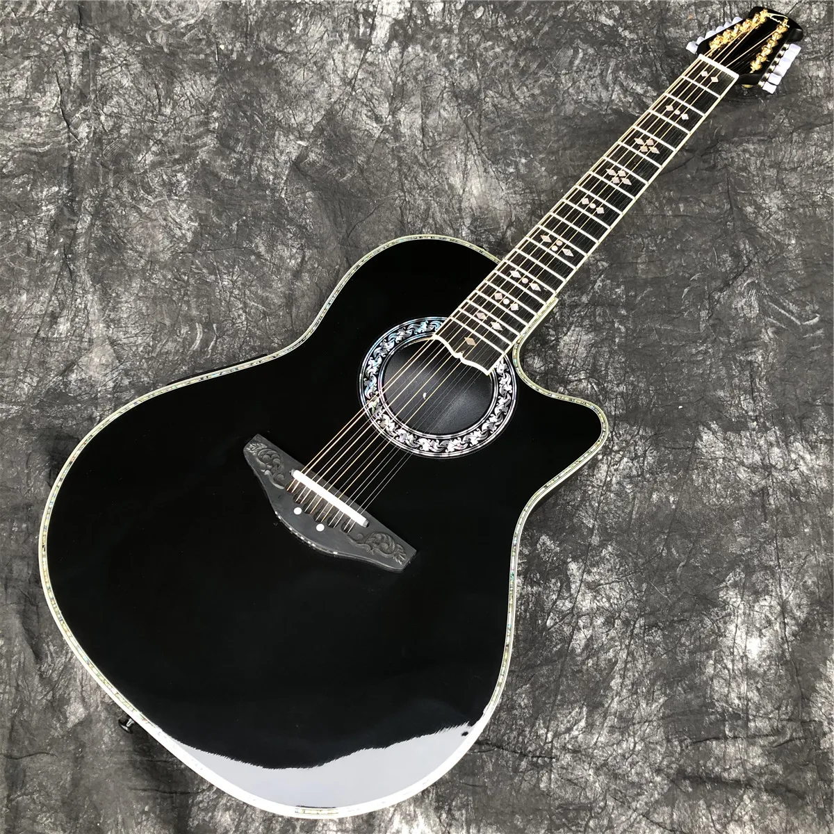 12-Strings-Black-Solid-Spruce-Acoustic-Guitar-Abalone-Inlays-Carbon ...