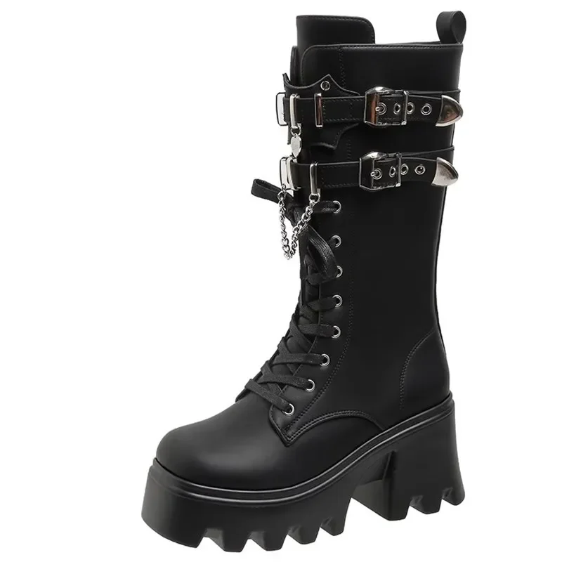 Autumn Women Punk Style Platform Mid-calf Boots Thick Sole Leather ...