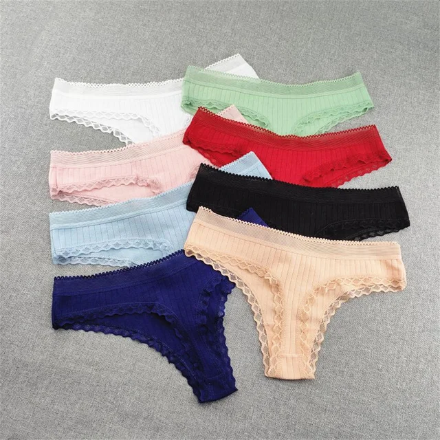 3pcs Ruffles Lace Low Waist Ribbed Cotton Thong Solid Color Women G ...