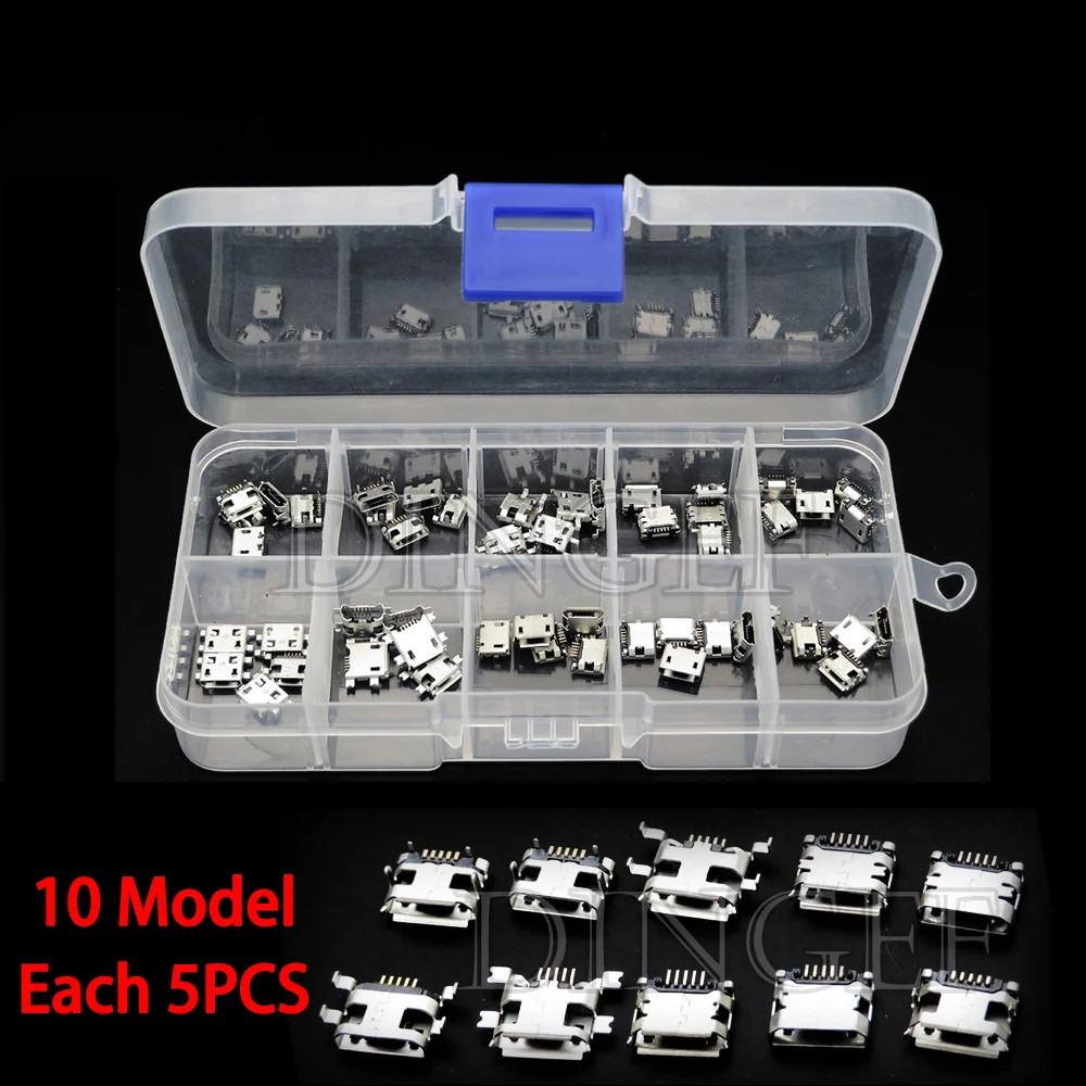 10 Types Each 5PCS Micro USB Female 4/5PIN DIP Type B SMT USB ...
