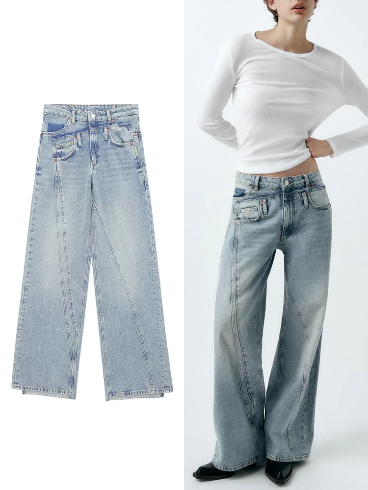 TRAF-women-s-mid-rise-dragging-jeans-Fashion-deconstruction-splicing ...
