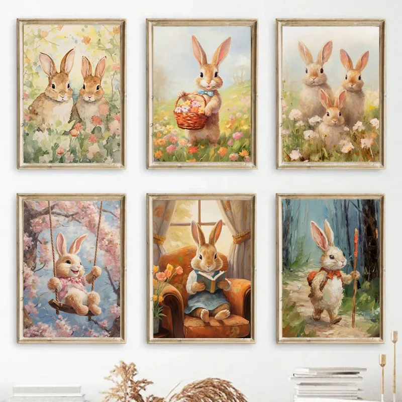 Spring-Cute-Easter-Bunny-Read-Book-Flower-Rabbit-Posters-and-Prints ...