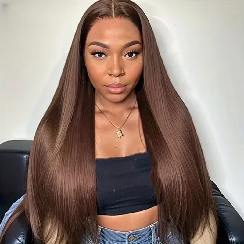 36 Inches Chocolate Brown Lace Front 100% Human Hair Wig Pre Plucked ...