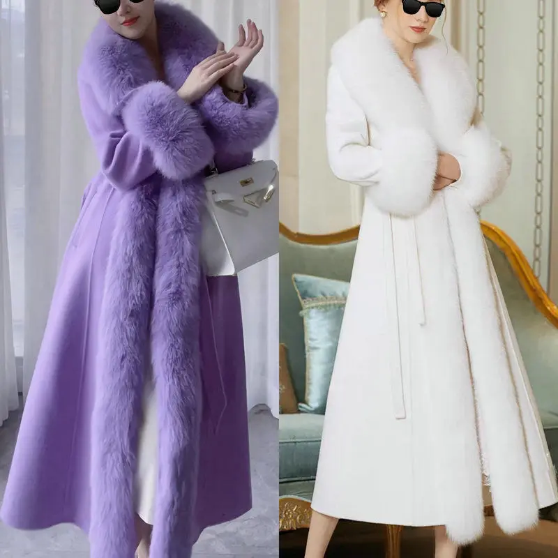 Double-sided Cashmere Coat Women Elegant Luxury Fox Fur Collar X-Long ...