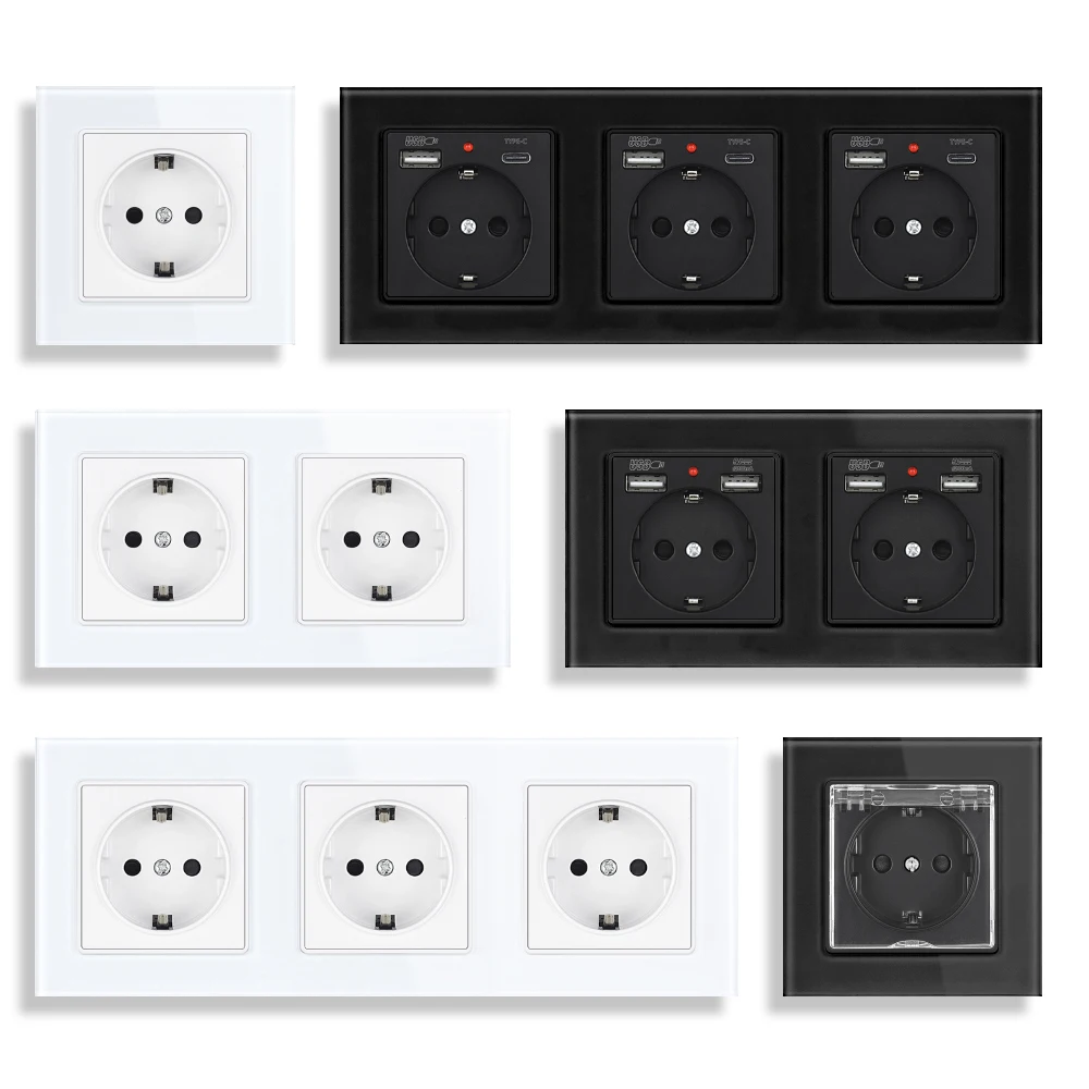SRAN-Eu-Power-Socket-220V-16A-82-82mm-Glass-Wall-outlet-Russia-Euro ...