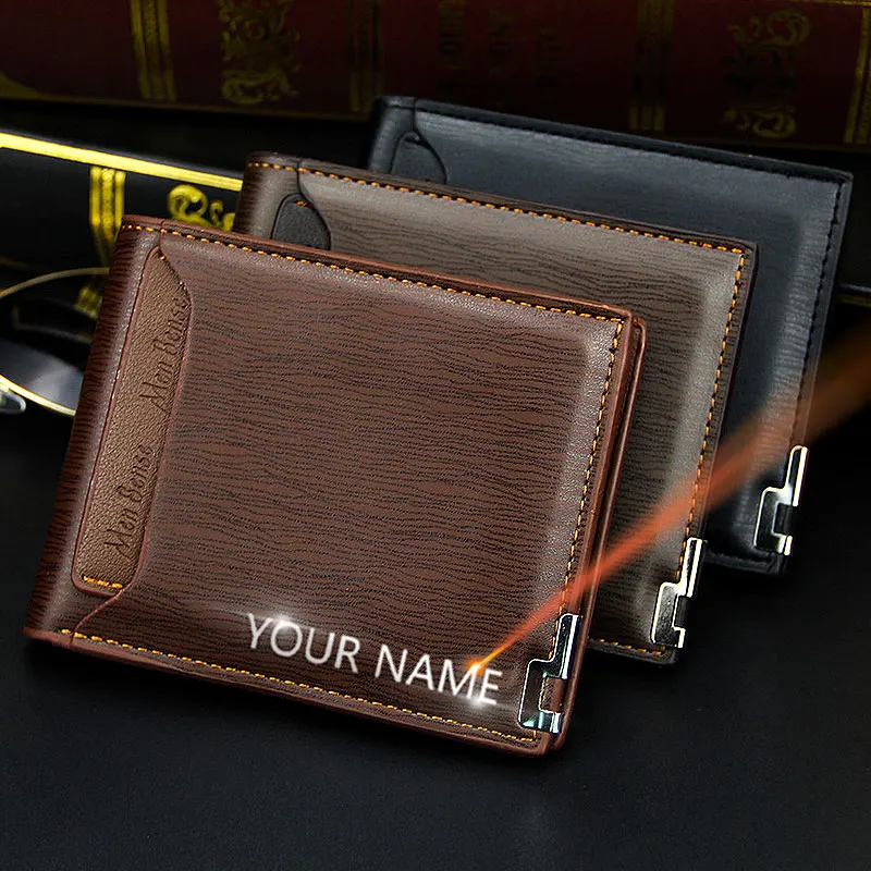 New Short Men Wallets Free Name Engraving Luxury Slim Card Holder Male ...