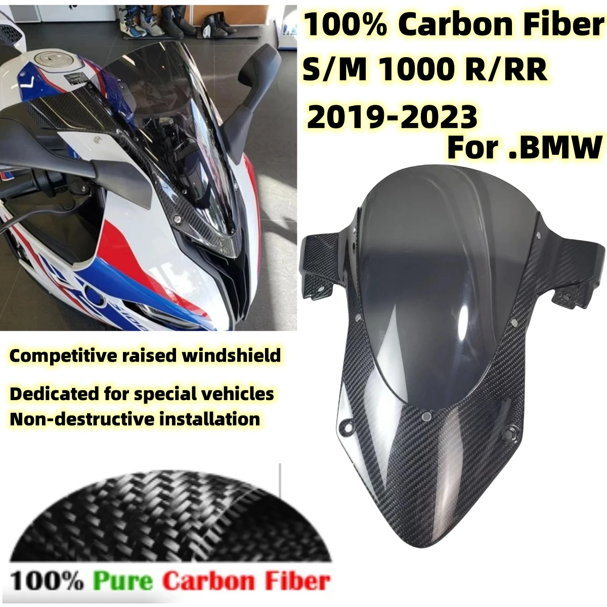 100-Real-Carbon-Fiber-Windshield-WindScreen-For-BMW-S1000RR-S-1000R ...