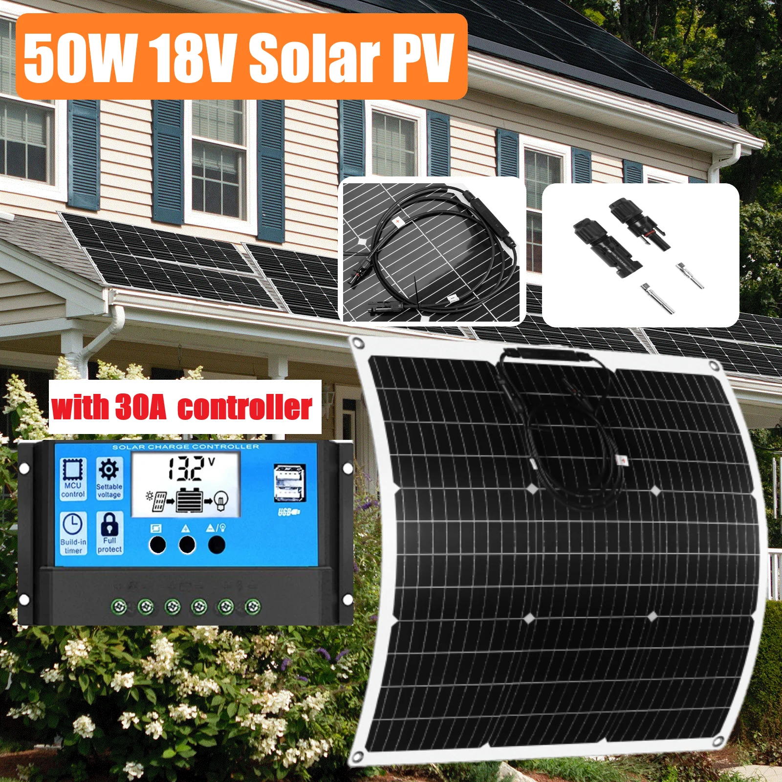 Powerful-50W-18V-Solar-Panel-Kit-Complete-12V-Solar-Panel-Battery-DC ...