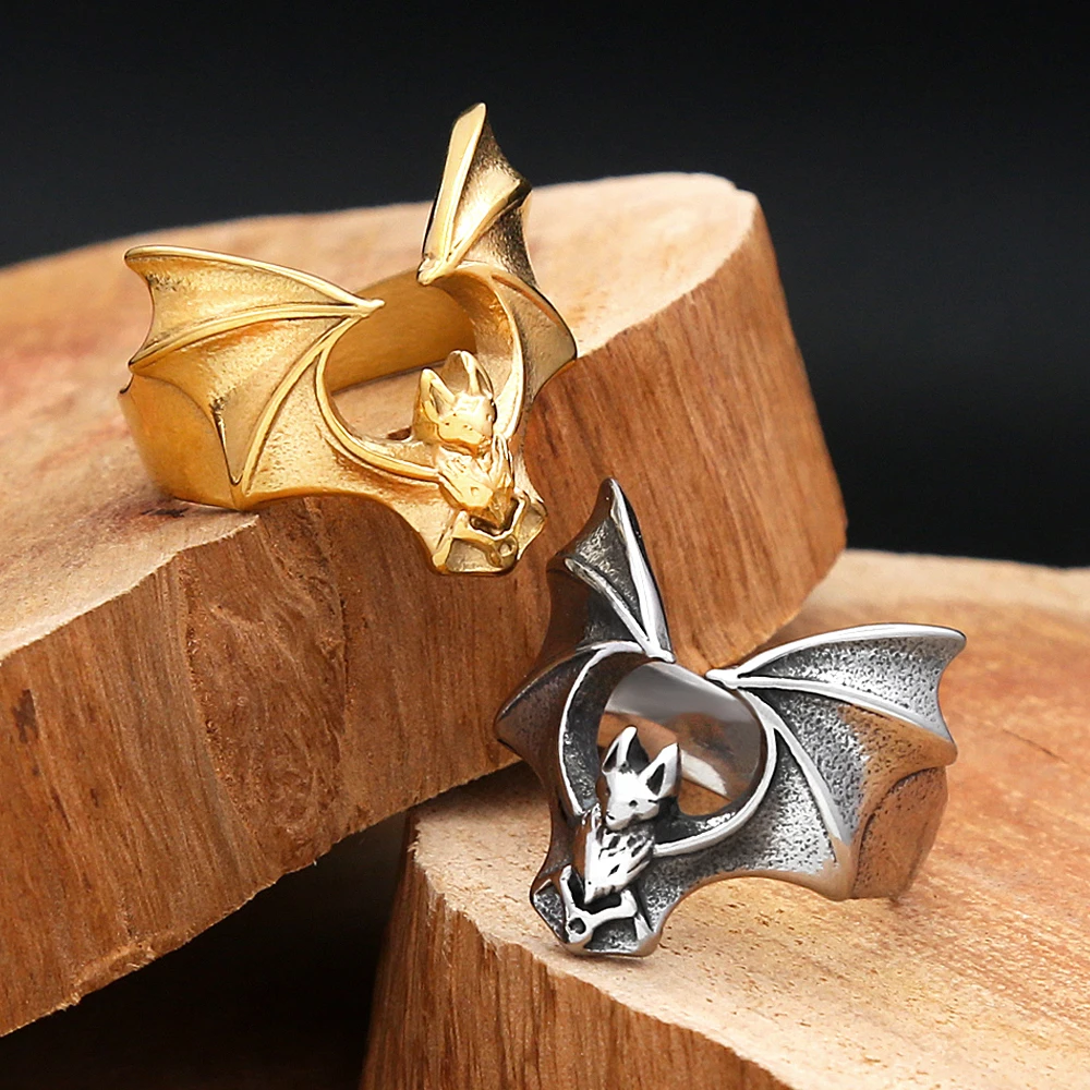 Vintage 316L Stainless Steel Bat Rings For Men Women Punk Gothic Open ...