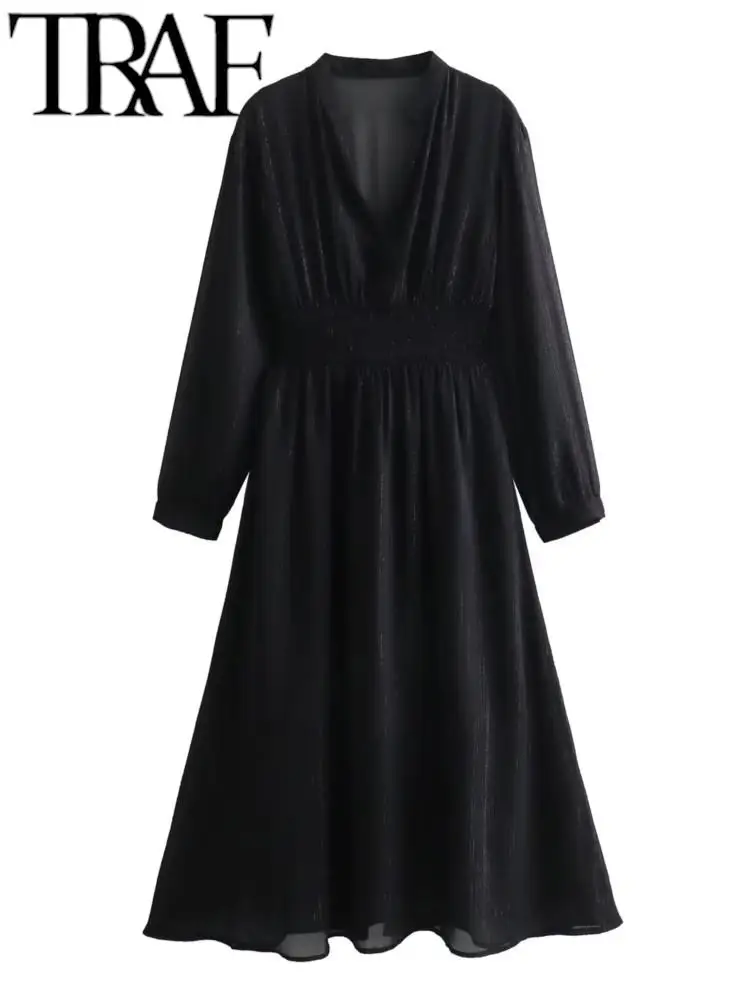 TRAF-vestido-negro-de-gasa-con-purpurina-brillante-para-mujer-manga-de ...