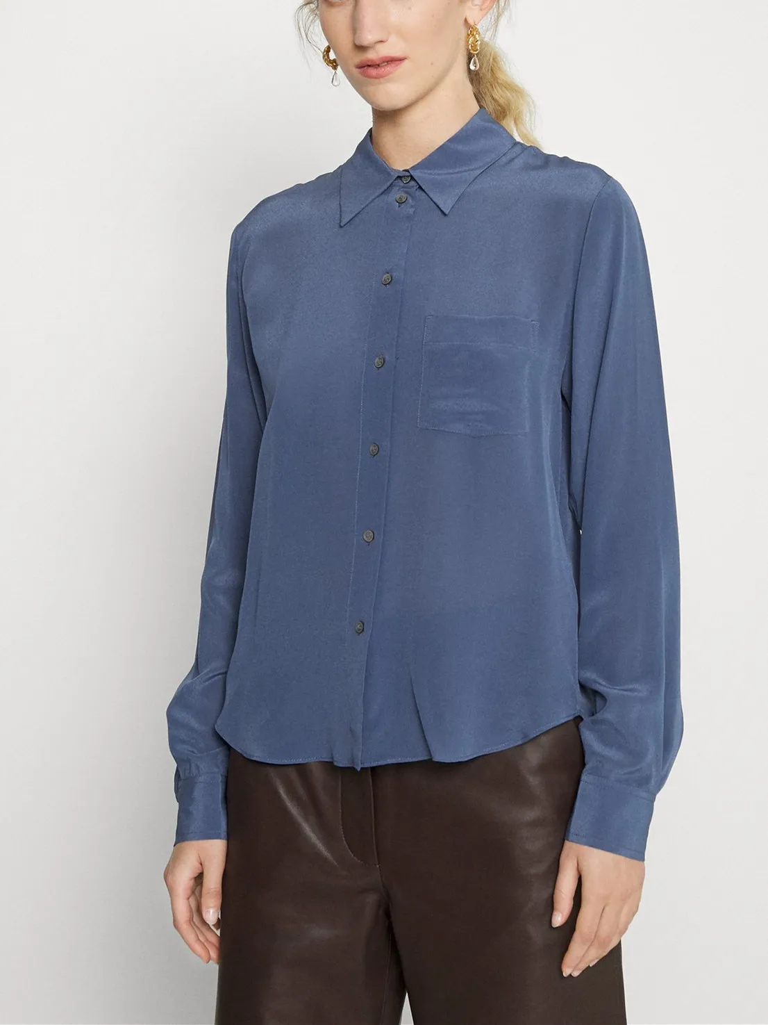 2022 Autumn New Women's Silk Blue Blouse Ladies Single Breasted Top ...