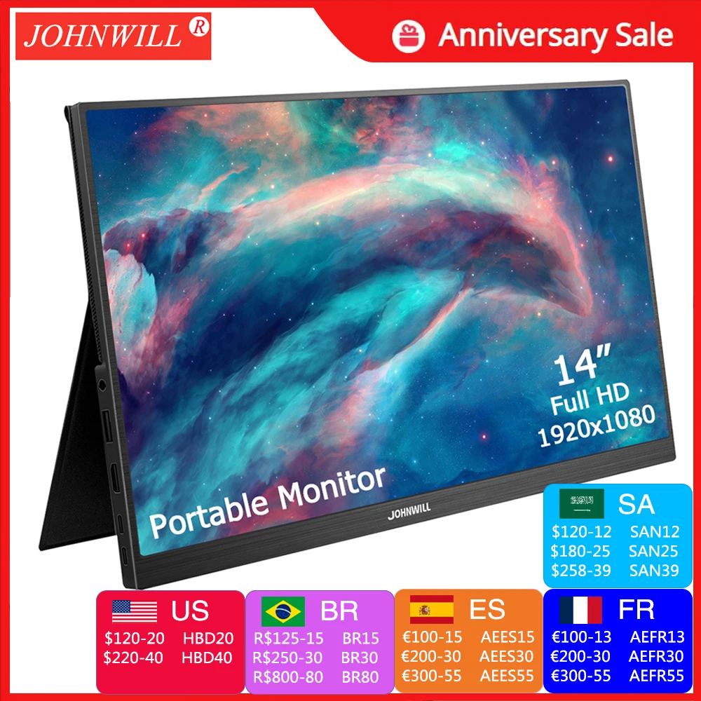 JW14 Ultrathin 14 Polegada Monitor Portátil 1080P Display USB Tipo C ...