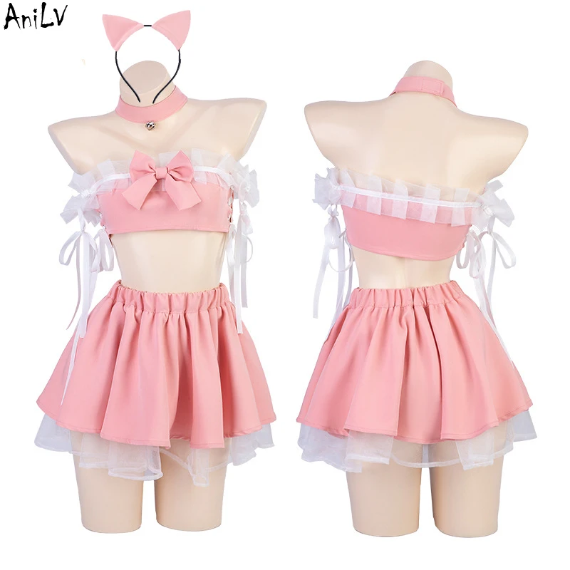 AniLV 2023 Anime Lolita Girl Cute Pink Cat Maid Unifrom Women Off ...