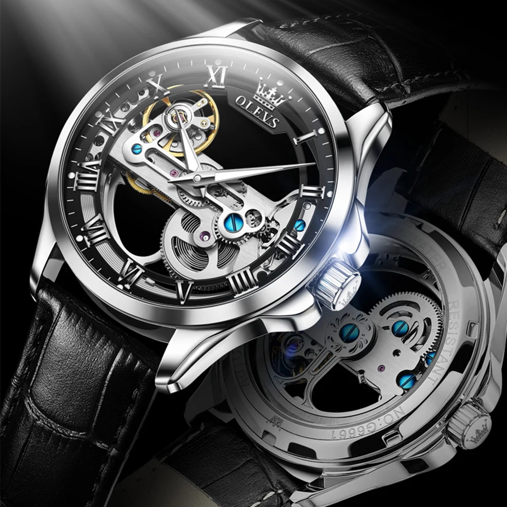Olevs Automatic Mechanical Watches For Men Waterproof Leather Strap ...