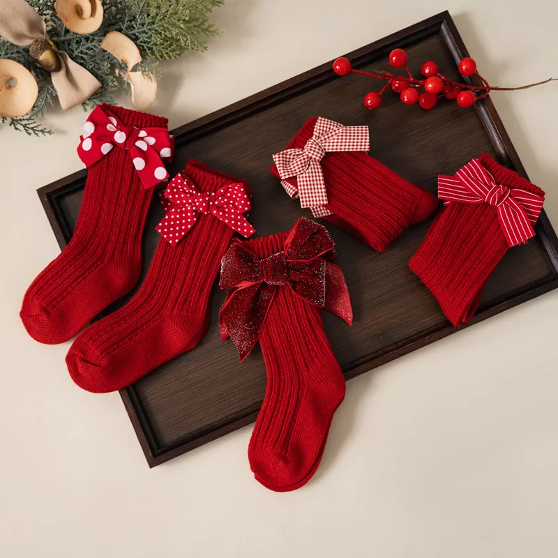 Baby-Girls-Red-Big-Bow-Christmas-Socks-Kids-Children-Cotton-Solid ...