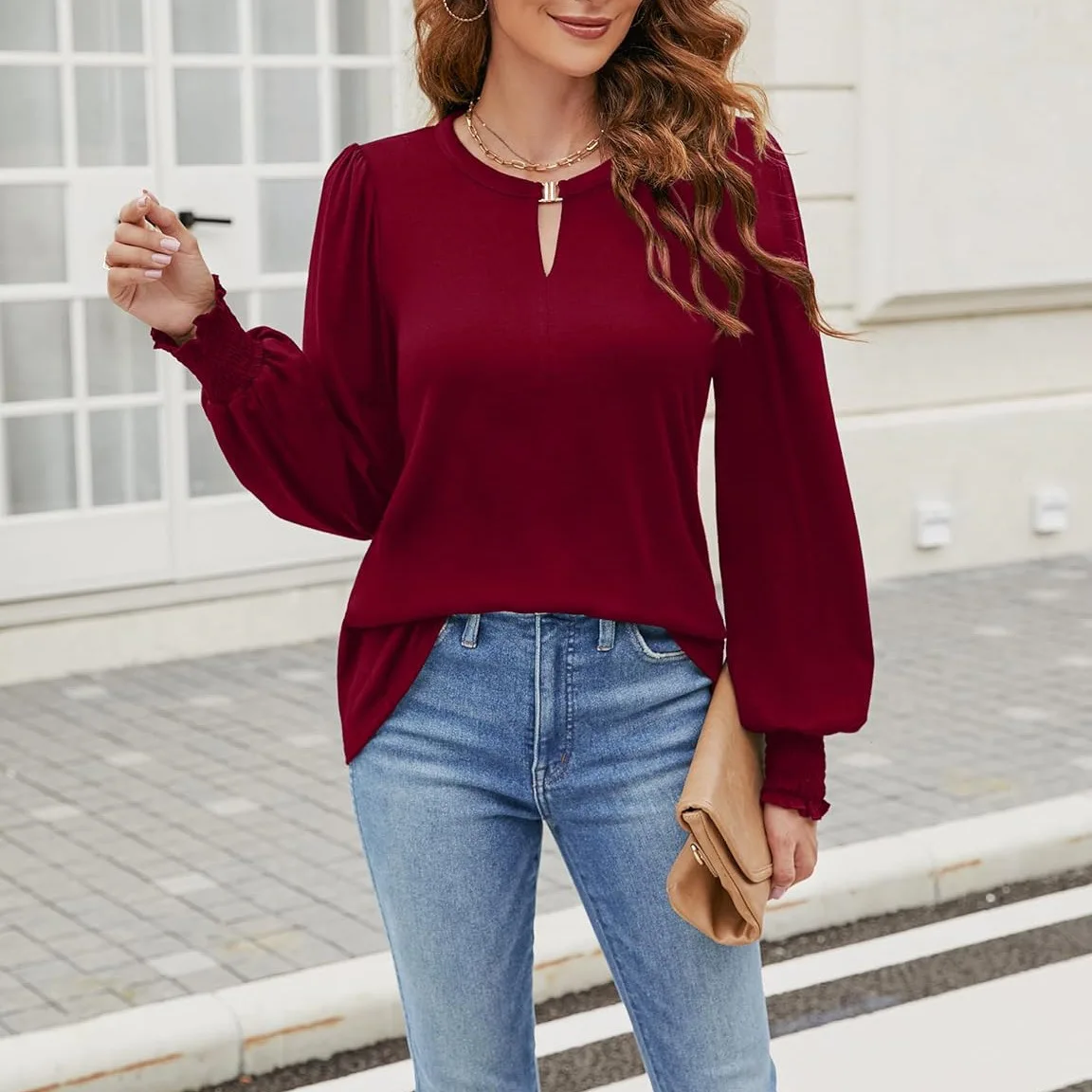 Elegant Women Wine Red Pullover Wine Red Shirt O Sleeve Hollow Out ...