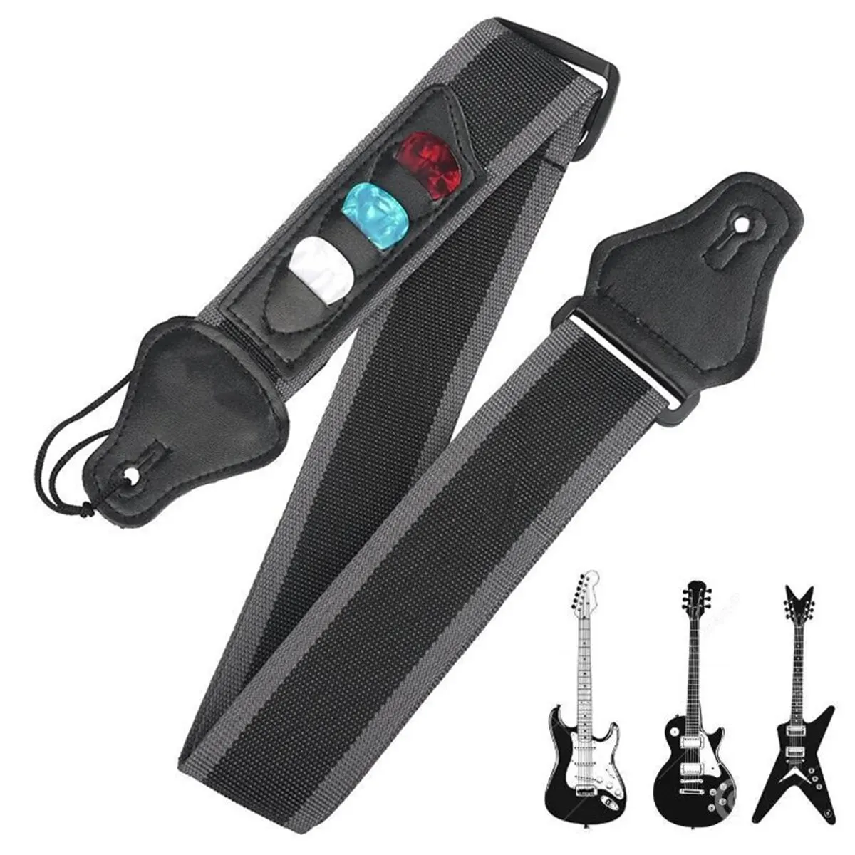 Electric-Guitar-Strap-Adjustable-with-3-Guitar-Picks-Holders-PU-Leather ...