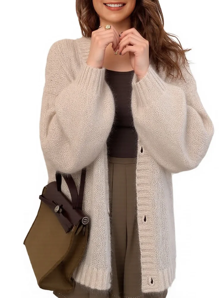 Nueva moda Puff manga botón tejido Cardigan mujeres Weaters Otoño ...
