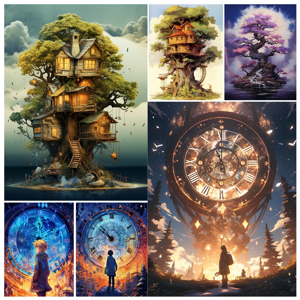 Hand-Paint-Tree-House-Building-Clock-Time-Landscape-Acrylic-Painting-by ...