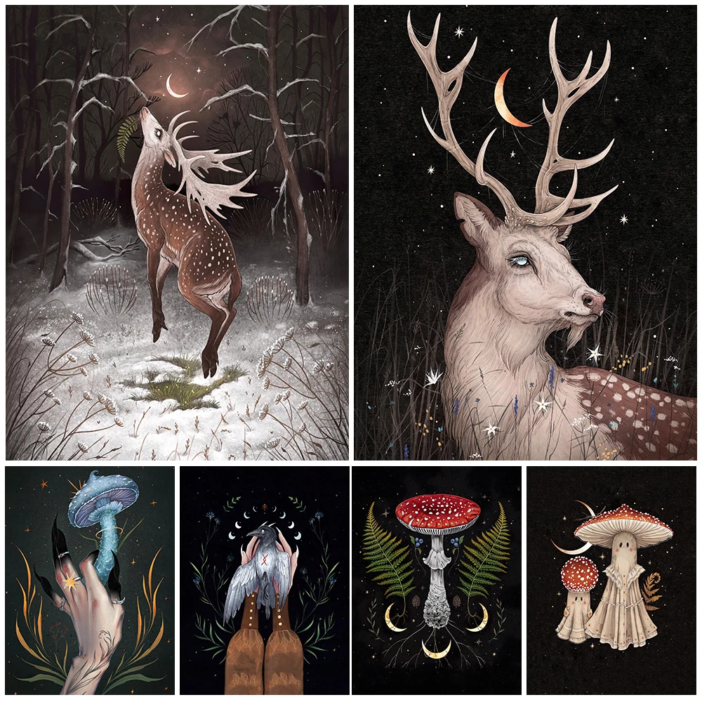 Mushroom-Elves-And-New-Moon-Vintag-Wall-Art-Canvas-Painting-Deer-Owl ...