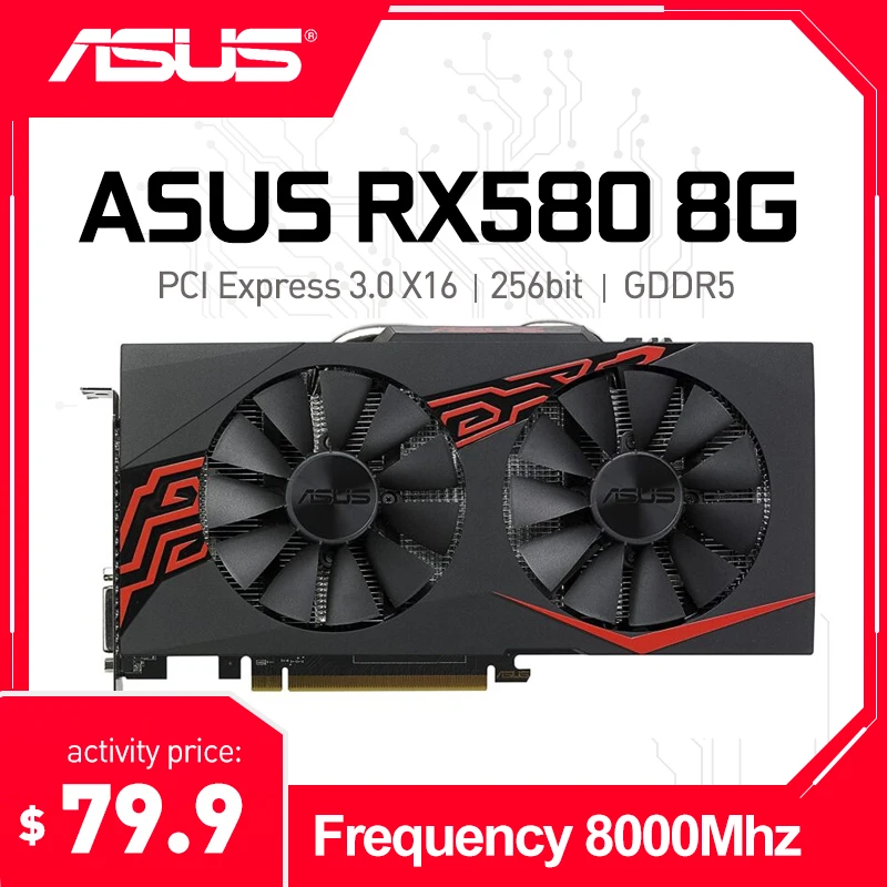 Asus graphics AMD Radeon RX 580 8GB 256Bit 2048SP GDDR5 GPU PC gaming ...