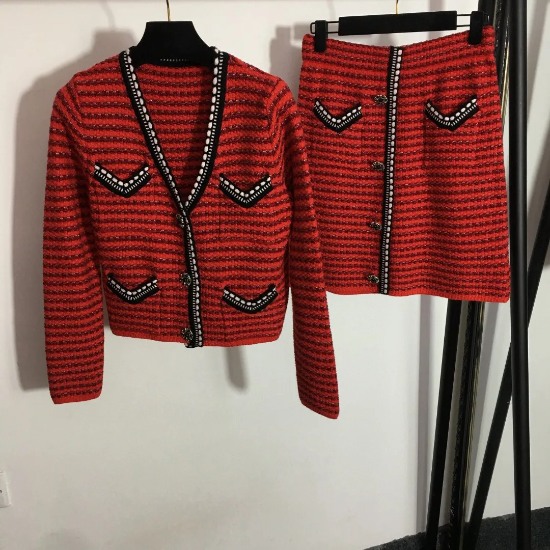 Hot-Sale-Women-Skirt-Set-V-Neck-Long-Sleeve-Striped-Cardigan-High-Waist ...