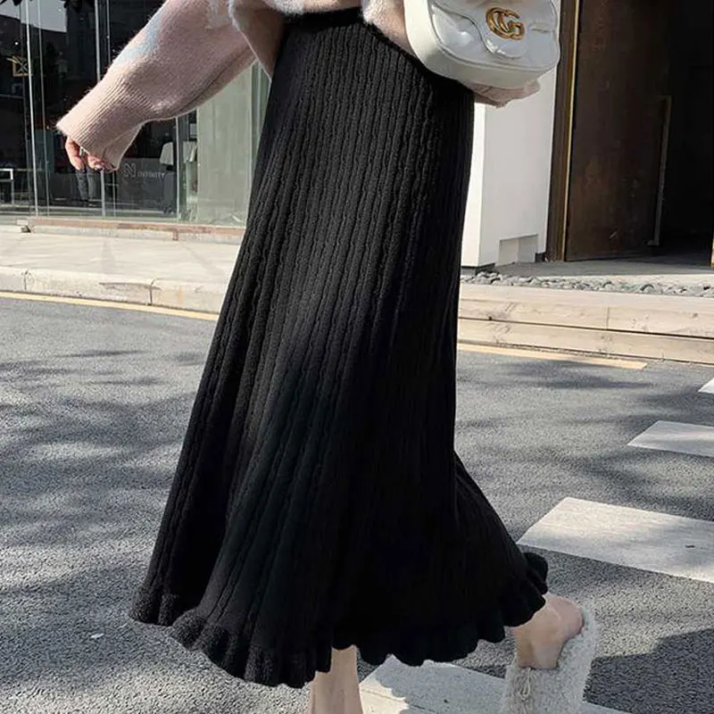 Koreanische-einfarbige-Strick-rock-Damen-bekleidung-Mode-Falten-Herbst ...