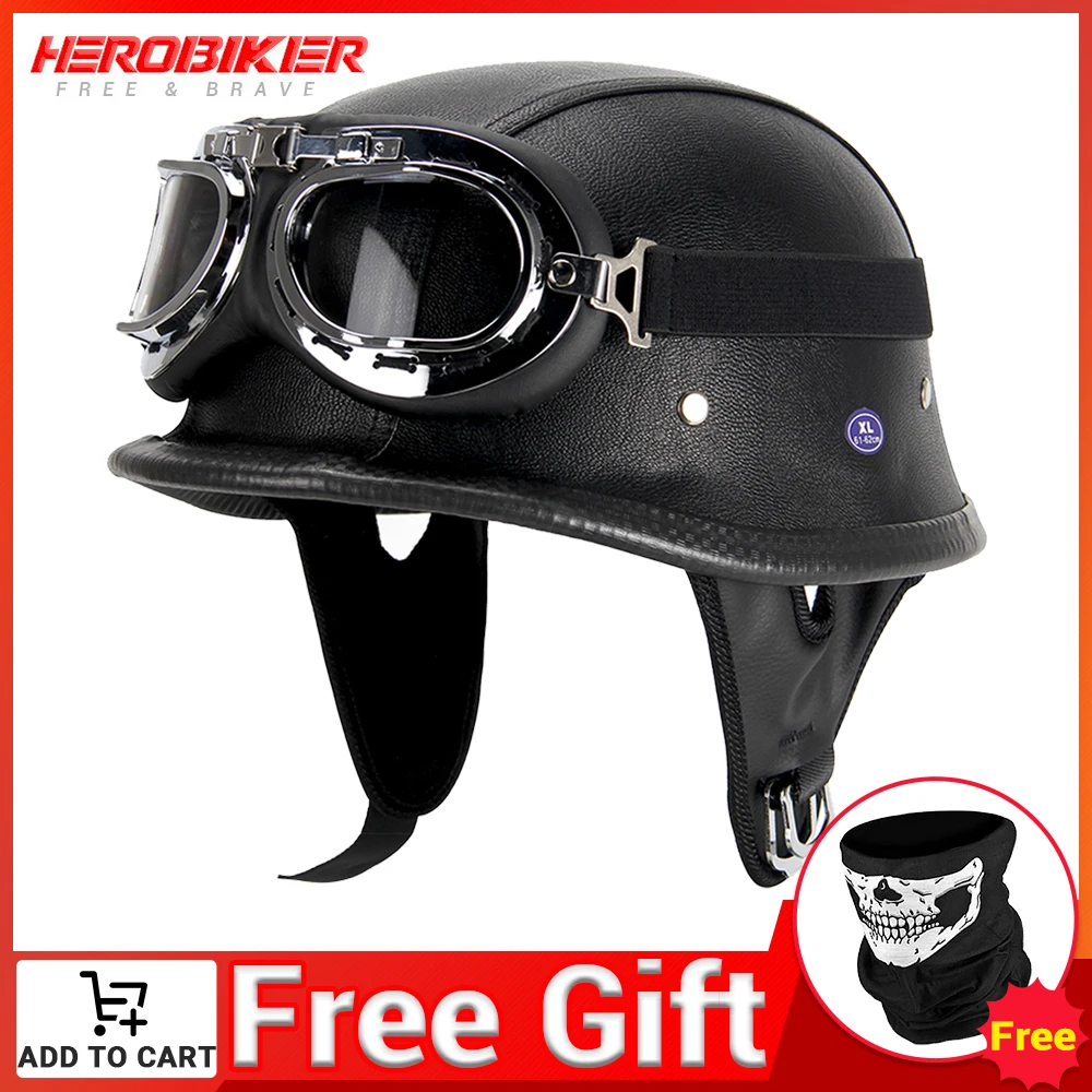 Herobiker Motorcycle Helmet German Leather Style Pilot Motorcycle Open ...