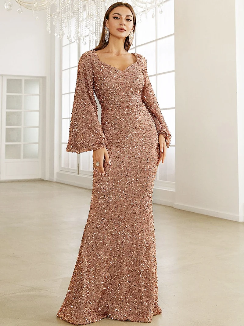 Designer Women Luxury Evening Robe Sexy Flare Sleeve Sequins Party ...