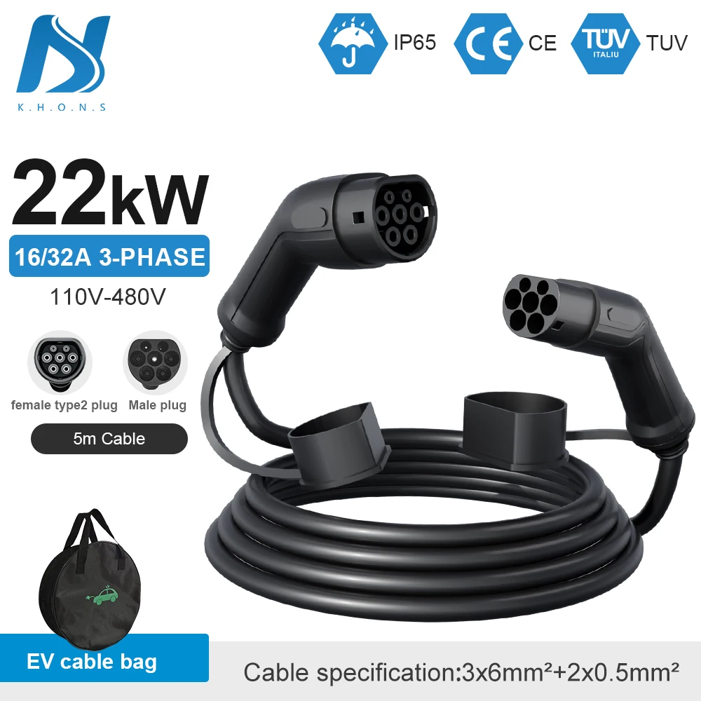 Khons Type2 To Type2 Ev Charging Cable 3Phase 32A Female To Male Plug ...