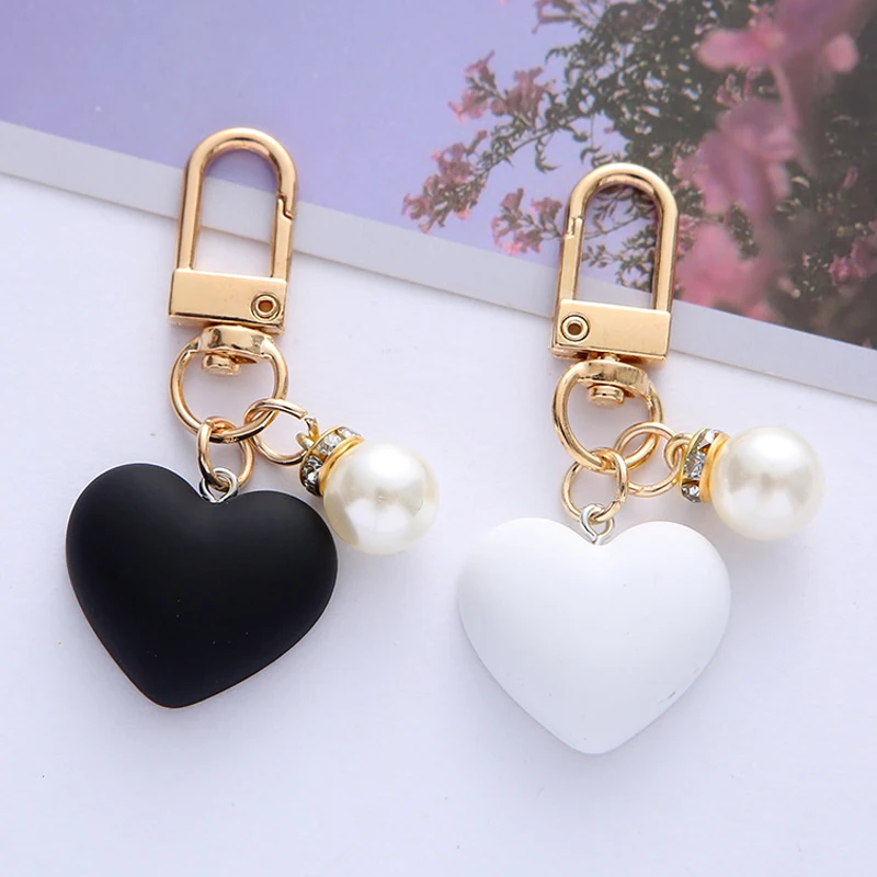 Frosted-Heart-Keychain-Black-White-Car-Key-Ring-With-Pearl-Car-Keychain ...