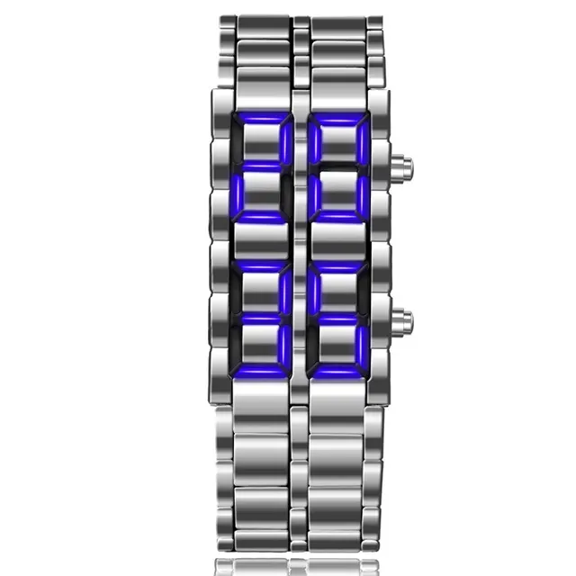 Fashion Silver Full Metal Digital Lava Wrist Watch Men Blue LED Display ...