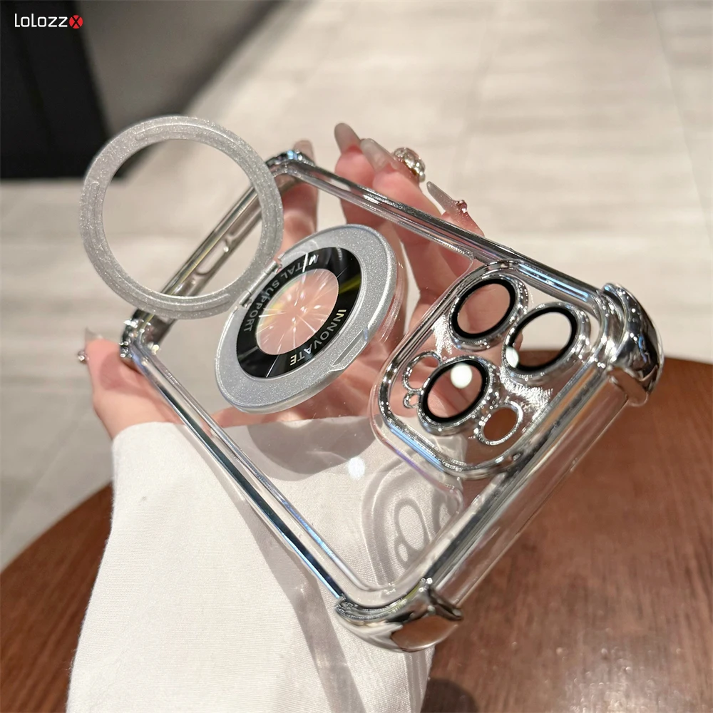 Plating Transparent Magnetic Ring Bracket Case For iPhone 15 11 12 13 14 Pro Max For Magsafe ...