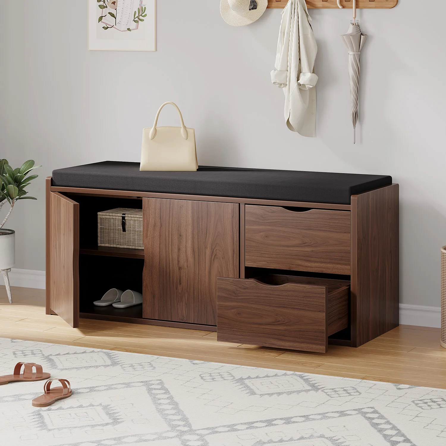 Pseudo-Classical Shoe Storage Bench with Drawers Walnut Bench Wooden ...