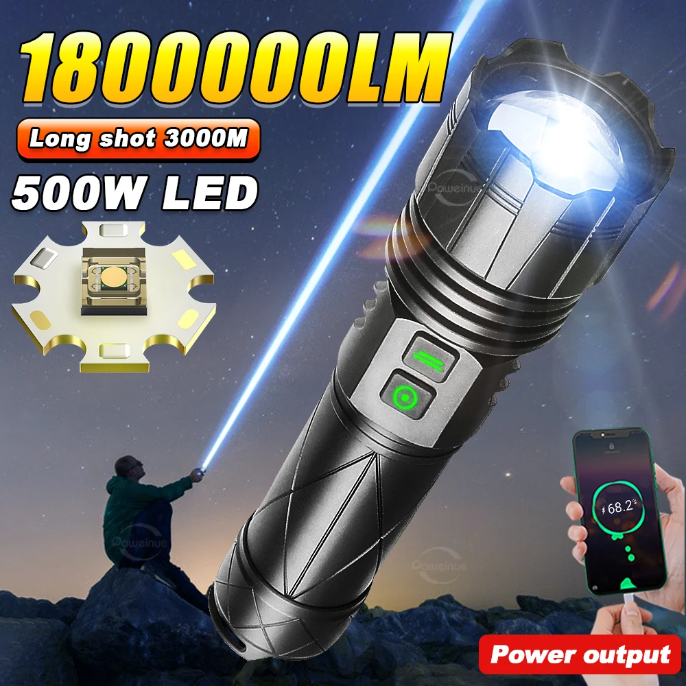 1800000LM Ultra Powerful Flashlight 500W Long Range 3000M High Power ...
