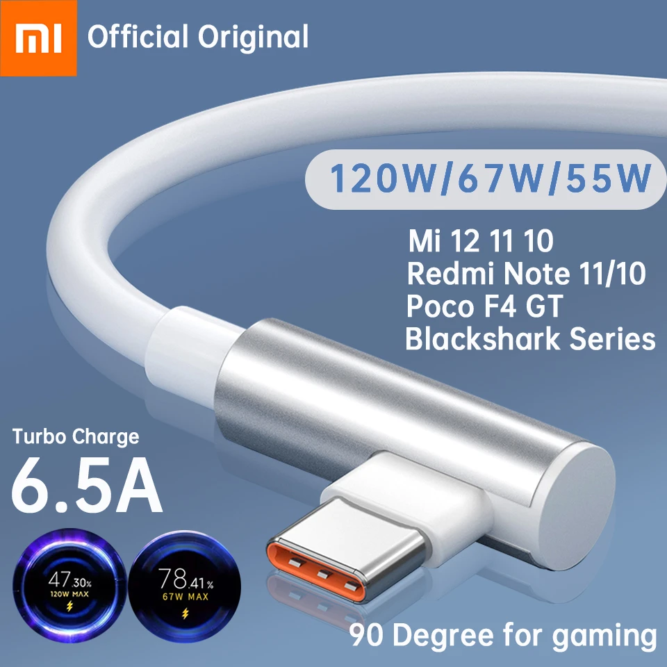 Original xiaomi cabo 120w 6.5a turbo carregador usb c cabos cotovelo 90 ...