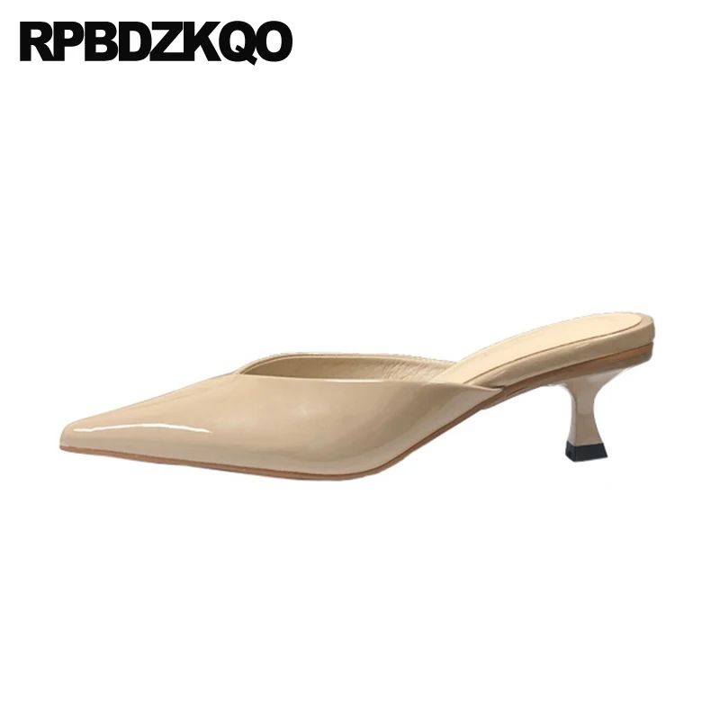 Mules-Brown-Pointed-Toe-Patent-Leather-Shoes-Slippers-Kitten-Heel-Solid ...