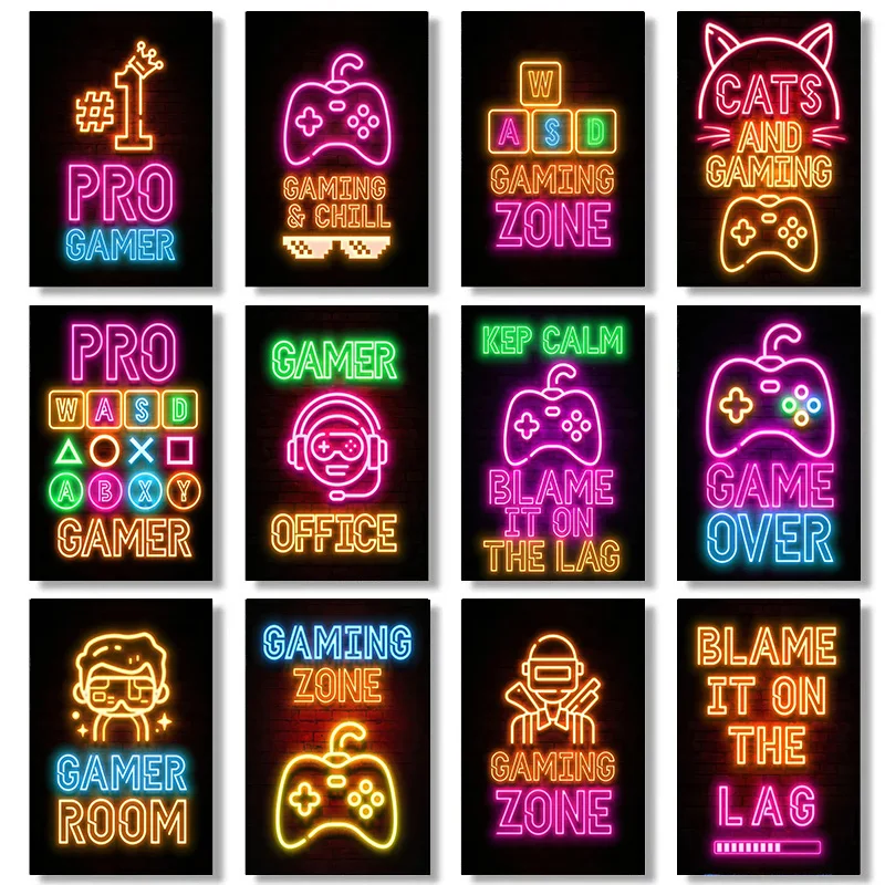 Colorful-Neon-Effect-Printing-Poster-Gameer-Gamepad-Controller-Canvas ...