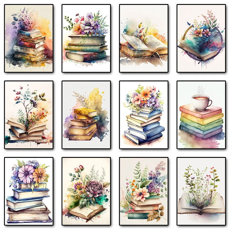 Abstract-Watercolor-Book-and-Flower-Posters-Prints-Canvas-Painting-Wall ...