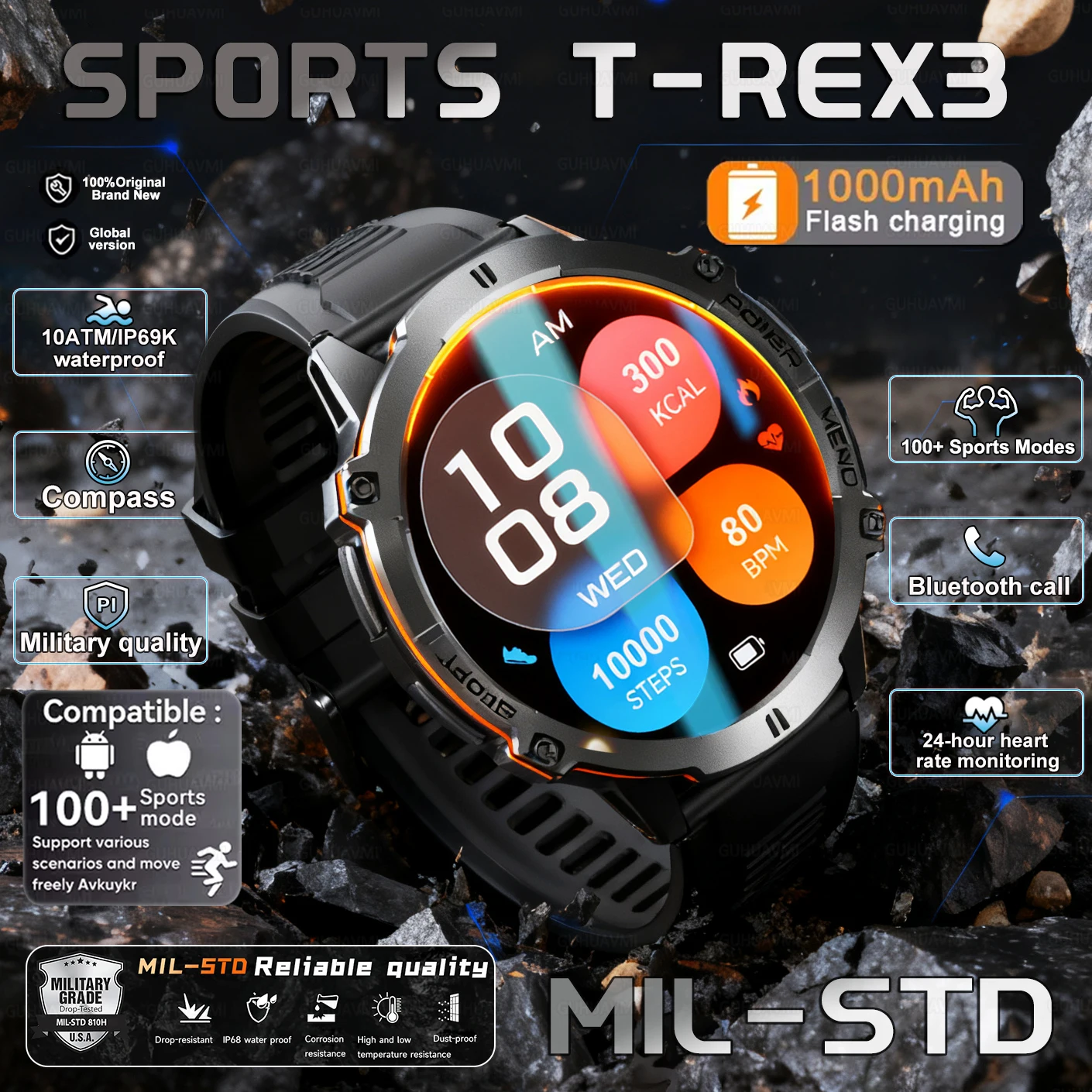 2025 HOT Outdoor T-REX3 military SmartWatch 1000mAh Battery Durable ...