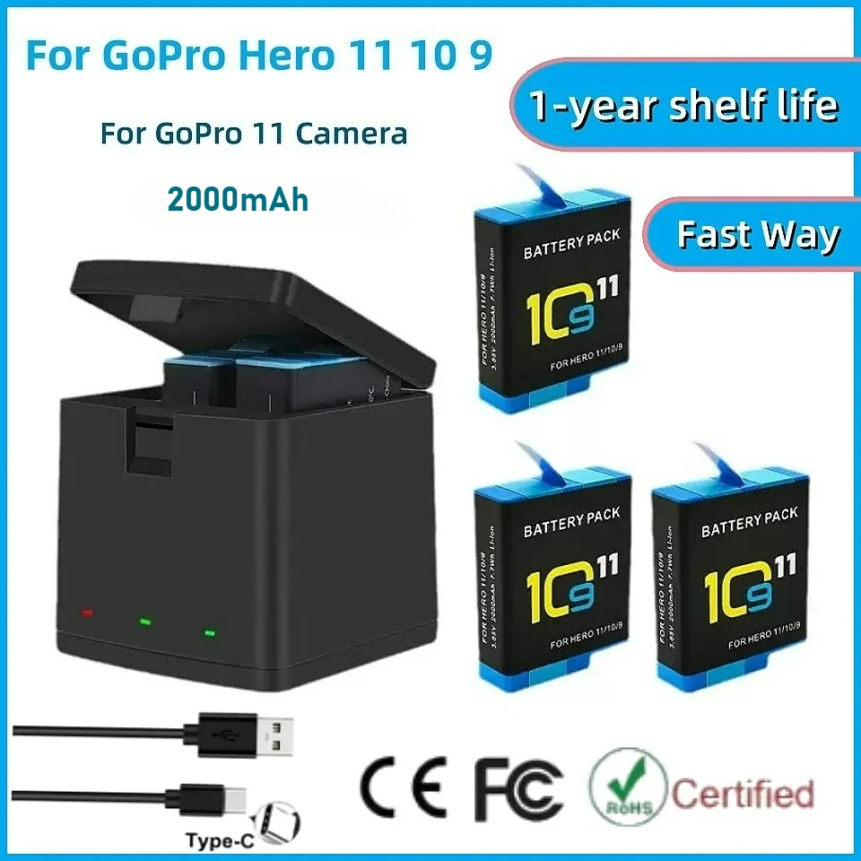 2000mAh Battery For GoPro Hero 11 10 9 Li-ion Battery Pack Motion ...