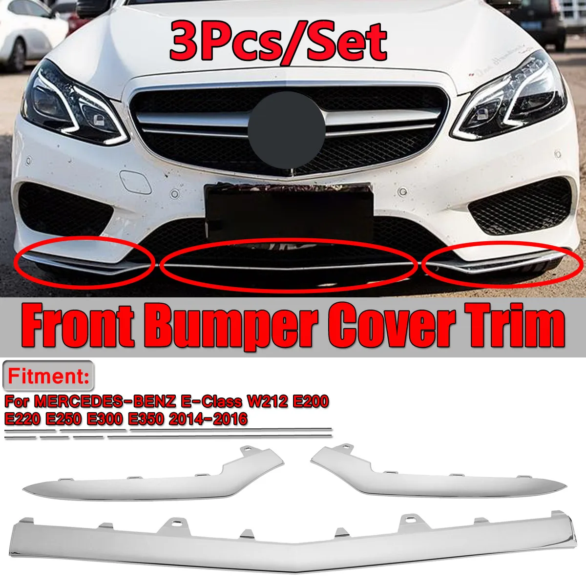 Set-of-3-Lower-Front-Bumper-Chrome-Trim-Molding-For-Mercedes-W212-E200 ...