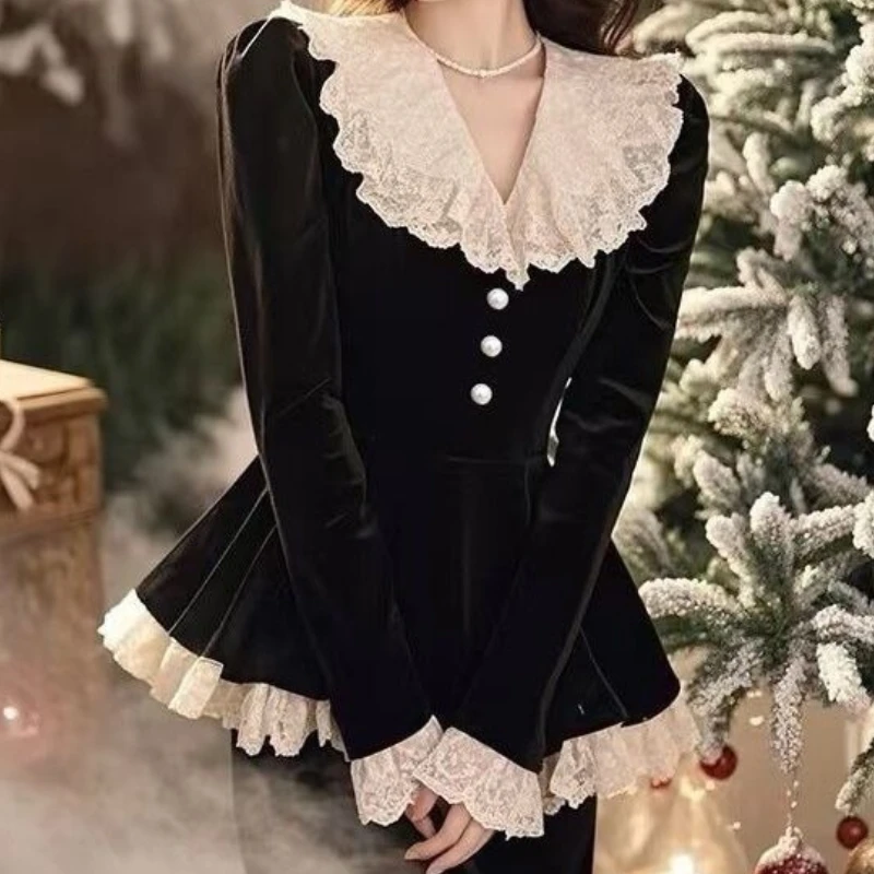 French Vintage Shirts Lace Patchwork V Neck Long Sleeve Blouses ...