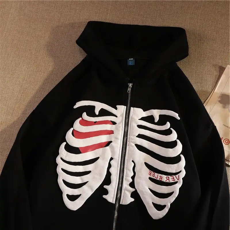 Fashion Y2K Skeleton Hoodies Women Gothic Black Zip Up Oversized ...