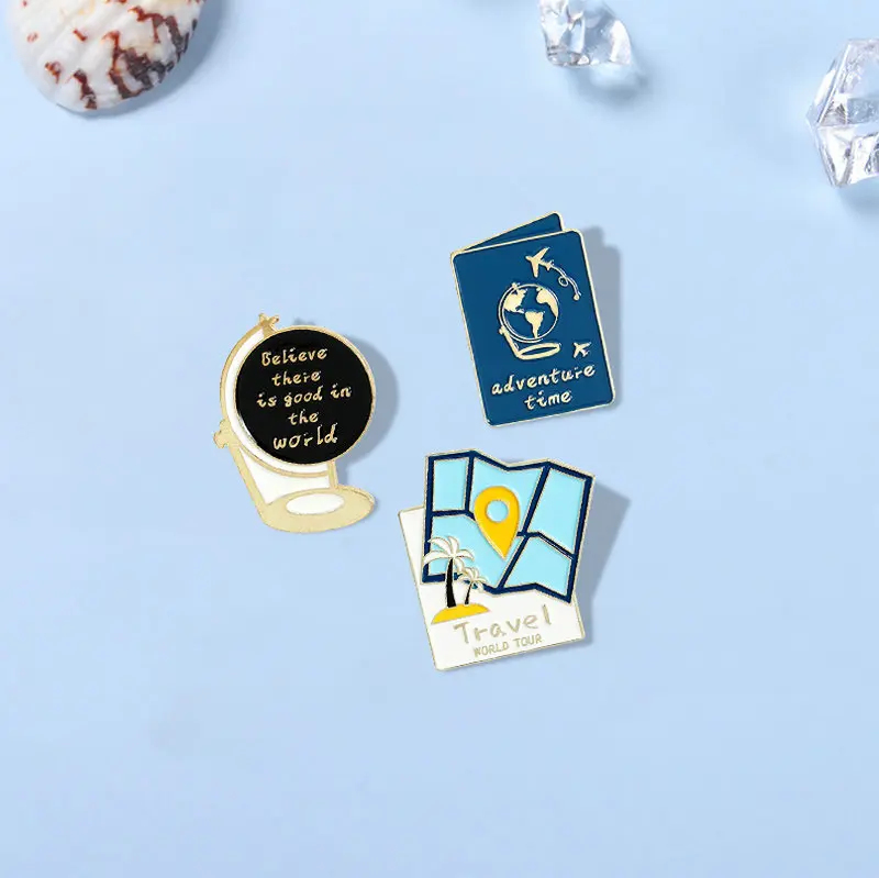 10 Pcs / Lot Traveller Enamel Pins Custom Map Globe Passport Brooch ...