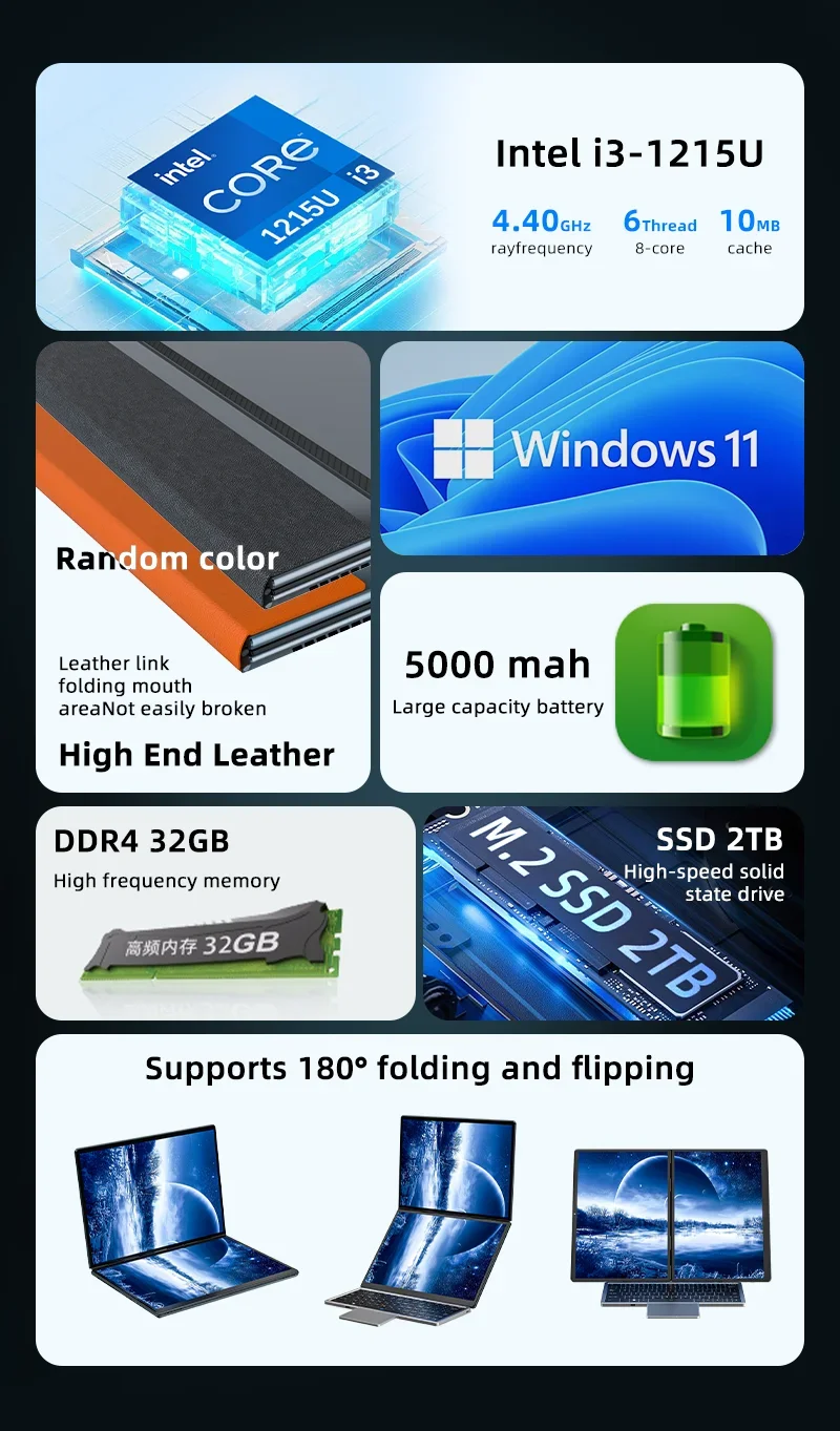 Laptop Intel I3 1215U 16GB DDR4L 512G SSD Touch Dual Screen Laptops 10. ...