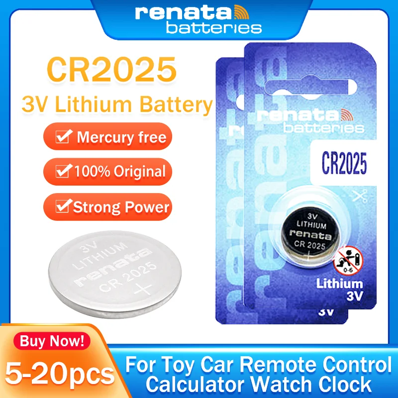 5-20PCS 100% RENATA CR2025 CR 2025 3V Lithium Battery DL2025 BR2025 KCR2025 For Car Key Toy ...
